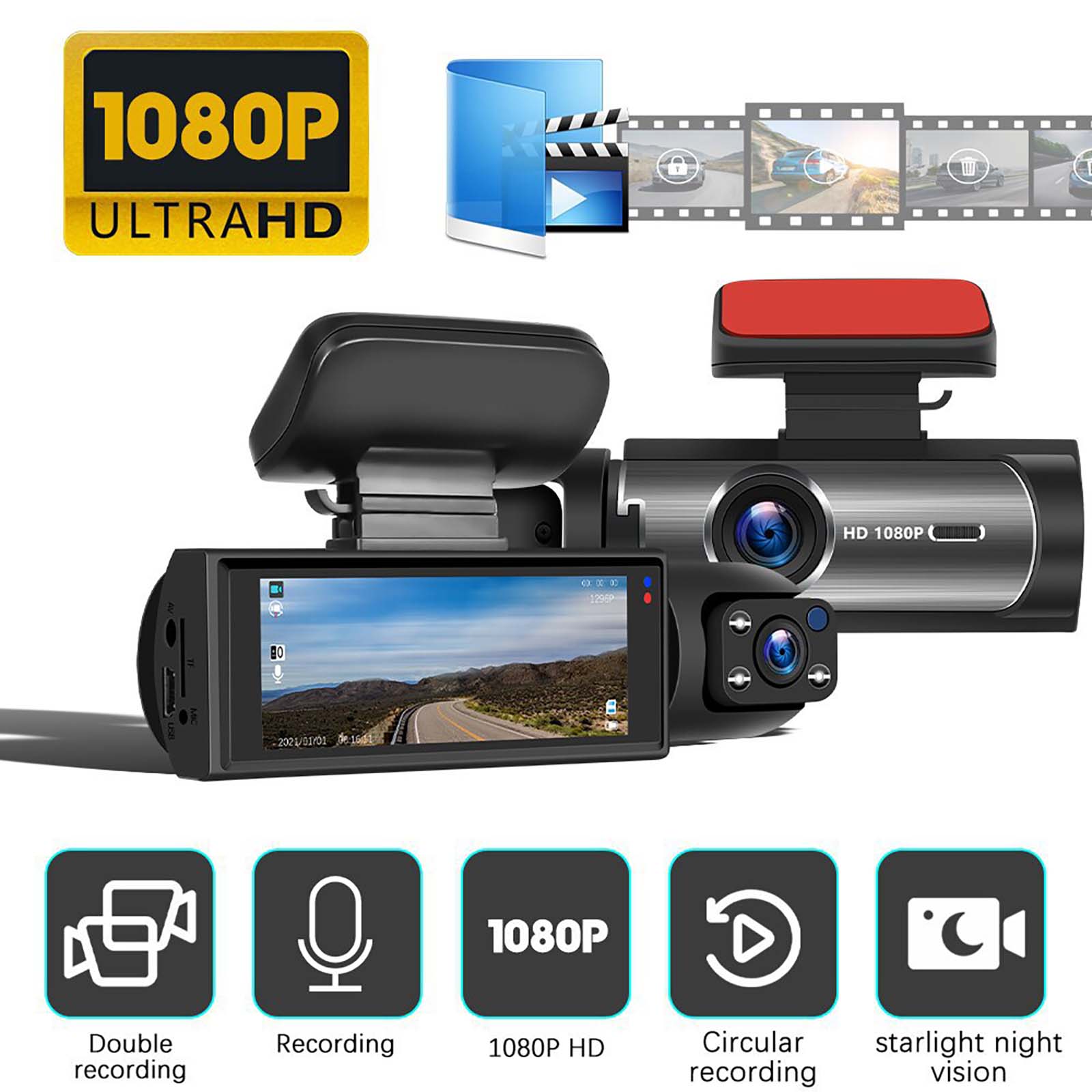 1080P Dual Camera Dash Cam for Cars, Driving Recorder with IR Night ...